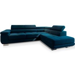 ECKSOFA SELVA R-S Blau Velours-Stoff mit Schlaffunktion