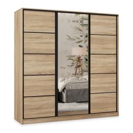 SCHWEBET&Uuml;RENSCHRANK PINA 200/205/58 cm 3-t&uuml;rig mit Spiegel und 4 Schubladen Sonoma Eiche