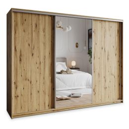 SCHWEBET&Uuml;RENSCHRANK TAVI 250/205/60 cm 3-t&uuml;rig mit Spiegel und Schubladen Eiche Artisan