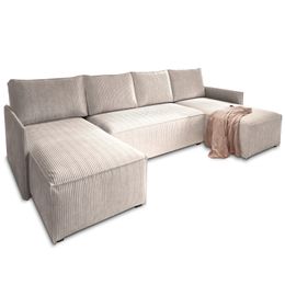 WOHNLANDSCHAFT TRES Creme Kordstoff mit Schlaffunktion