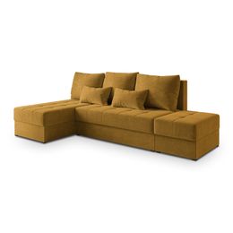 ECKSOFA NORVI Gelb Pl&uuml;sch-Stoff mit Schlaffunktion