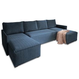 WOHNLANDSCHAFT TRES Blau Kordstoff mit Schlaffunktion