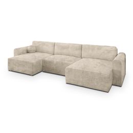 WOHNLANDSCHAFT FENTO Creme Kordstoff mit Schlaffunktion