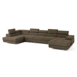 WOHNLANDSCHAFT VELORA L-S Beige Velours-Stoff mit Schlaffunktion