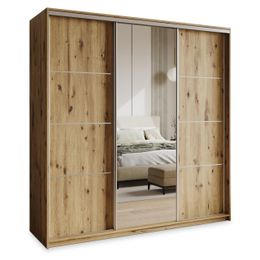 SCHWEBET&Uuml;RENSCHRANK VARO 180/205/60 cm 3-t&uuml;rig mit Spiegel und Schubladen Eiche Artisan