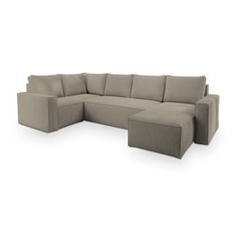 WOHNLANDSCHAFT NORENA L-S Beige Kordstoff mit Schlaffunktion