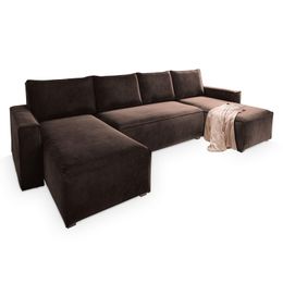 WOHNLANDSCHAFT DENI Braun Velours-Stoff mit Schlaffunktion