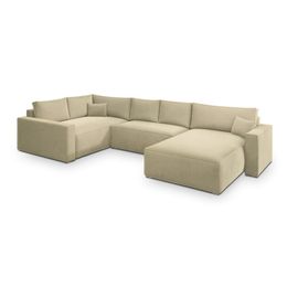 WOHNLANDSCHAFT VELAMI L-S Creme Velours-Stoff mit Schlaffunktion