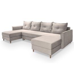 WOHNLANDSCHAFT VERNI Beige Pl&uuml;sch-Stoff mit Schlaffunktion
