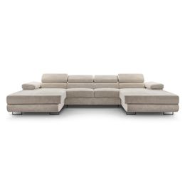 WOHNLANDSCHAFT GIULIO Beige Velours-Stoff mit Schlaffunktion