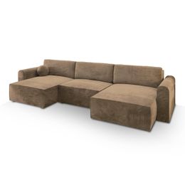 WOHNLANDSCHAFT FENTO M Beige Velours-Stoff mit Schlaffunktion