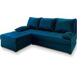 ECKSOFA RITA Blau Pl&uuml;sch-Stoff mit Schlaffunktion