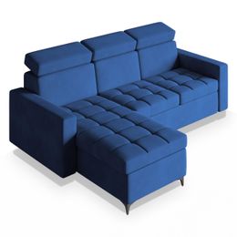 ECKSOFA KAME Blau Pl&uuml;sch-Stoff mit Schlaffunktion