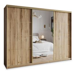 SCHWEBET&Uuml;RENSCHRANK VARO 250/205/60 cm 3-t&uuml;rig mit Spiegel und Schubladen Eiche Wotan
