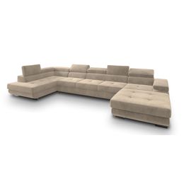 WOHNLANDSCHAFT TORIVA L-S Creme Velours-Stoff mit Schlaffunktion