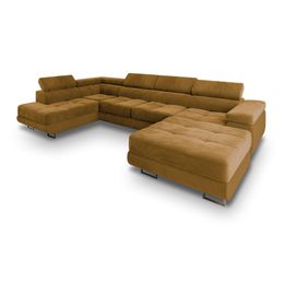 WOHNLANDSCHAFT CASONE L-S Gelb Velours-Stoff mit Schlaffunktion