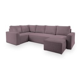 WOHNLANDSCHAFT NORENA L-S Lila Kordstoff mit Schlaffunktion