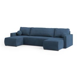 WOHNLANDSCHAFT TESSUN Blau Pl&uuml;sch-Stoff mit Schlaffunktion