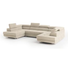 WOHNLANDSCHAFT RAGGIO Creme Velours-Stoff mit Schlaffunktion