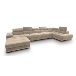 WOHNLANDSCHAFT TORIVA R-S Creme Velours-Stoff mit Schlaffunktion