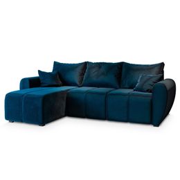 ECKSOFA MADISON Blau Pl&uuml;sch-Stoff mit Schlaffunktion