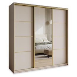 SCHWEBET&Uuml;RENSCHRANK VARO 180/205/60 cm 3-t&uuml;rig mit Spiegel und Schubladen Kaschmir