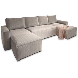 WOHNLANDSCHAFT ASPRA Beige Kordstoff mit Schlaffunktion