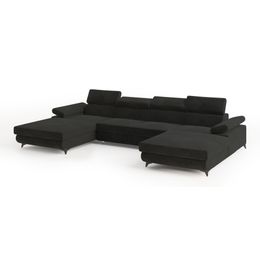 WOHNLANDSCHAFT DETTI Schwarz Velours-Stoff mit Schlaffunktion