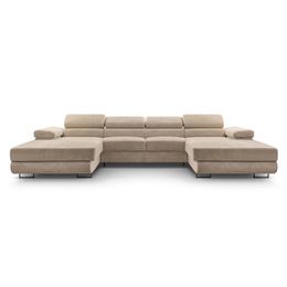WOHNLANDSCHAFT GIULIO Beige Velours-Stoff mit Schlaffunktion