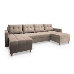 WOHNLANDSCHAFT MILO U Beige Pl&uuml;sch-Stoff mit Schlaffunktion