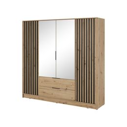 DREHT&Uuml;RENSCHRANK NELIANA 206/200/51 cm 4-t&uuml;rig mit Spiegel Eiche Artisan