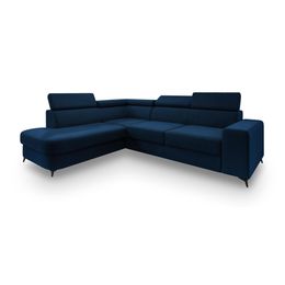 ECKSOFA ALVORO L-S Blau Velours-Stoff mit Schlaffunktion