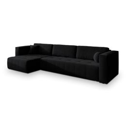 ECKSOFA OLVERA Schwarz Pl&uuml;sch-Stoff mit Schlaffunktion