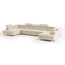 WOHNLANDSCHAFT URMANO Creme Velours-Stoff mit Schlaffunktion