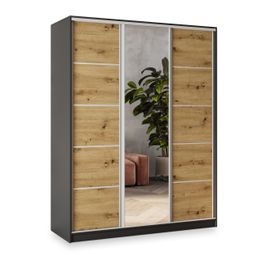 SCHWEBET&Uuml;RENSCHRANK NATA 160/205/58 cm 3-t&uuml;rig mit Spiegel und 4 Schubladen Schwarz