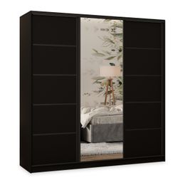SCHWEBET&Uuml;RENSCHRANK PINA 180/205/58 cm 3-t&uuml;rig mit Spiegel und Schubladen Schwarz