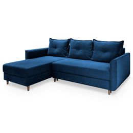 ECKSOFA PISAN R-S Blau Pl&uuml;sch-Stoff mit Schlaffunktion