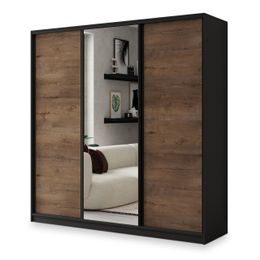 SCHWEBET&Uuml;RENSCHRANK SORE 180/205/58 cm 3-t&uuml;rig mit Spiegel und Schubladen Schwarz / Eiche Lefkas