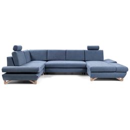WOHNLANDSCHAFT CASA IV L-S Blau Pl&uuml;sch-Stoff mit Schlaffunktion