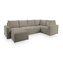 WOHNLANDSCHAFT NORENA R-S Beige Kordstoff mit Schlaffunktion