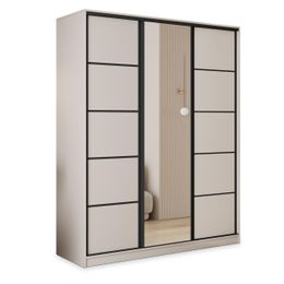 SCHWEBET&Uuml;RENSCHRANK PINA 150/205/58 cm 3-t&uuml;rig mit Spiegel und Schubladen Kaschmir