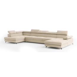 WOHNLANDSCHAFT MONTIVA Creme Velours-Stoff mit Schlaffunktion