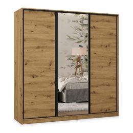 SCHWEBET&Uuml;RENSCHRANK TARI 200/205/58 cm 3-t&uuml;rig mit Spiegel und 4 Schubladen Eiche Artisan