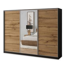 SCHWEBET&Uuml;RENSCHRANK SORE 235/205/58 cm 3-t&uuml;rig mit Spiegel und Schubladen Schwarz / Eiche Wotan