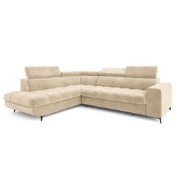 ECKSOFA MORIVA L-S Creme Velours-Stoff mit Schlaffunktion