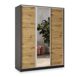 SCHWEBET&Uuml;RENSCHRANK SORE 160/205/58 cm 3-t&uuml;rig mit Spiegel und 4 Schubladen Schwarz