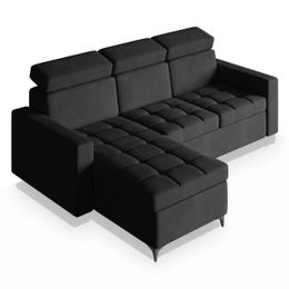 ECKSOFA KAME Schwarz Pl&uuml;sch-Stoff mit Schlaffunktion