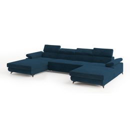 WOHNLANDSCHAFT DETTI Blau Velours-Stoff mit Schlaffunktion