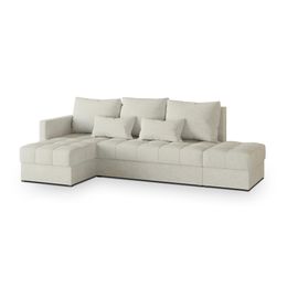 ECKSOFA LUMARI L-S Creme Pl&uuml;sch-Stoff mit Schlaffunktion