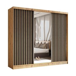 SCHWEBET&Uuml;RENSCHRANK LAMELLO 240/216/61 cm 3-t&uuml;rig mit Spiegel Eiche Artisan